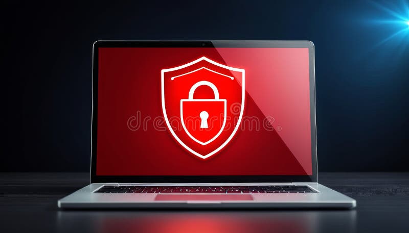 Cybersecurity Shield on Laptop Screen with Glowing Red Lock Icon for ...