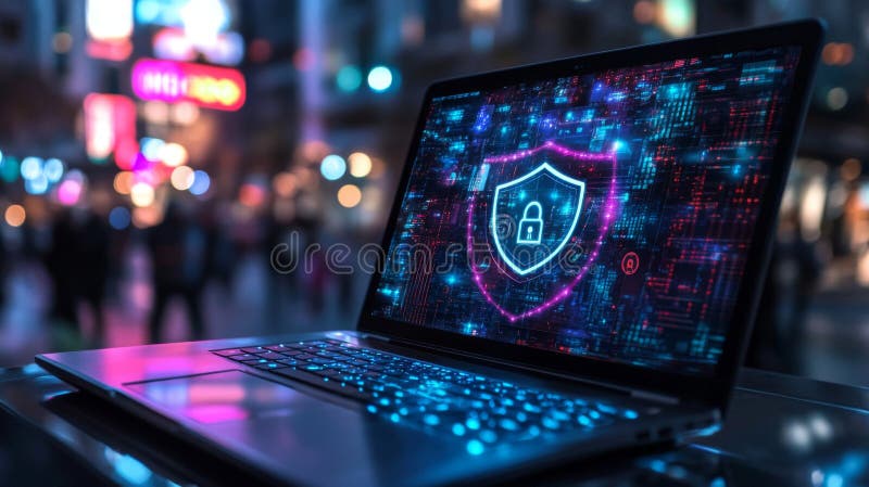Cybersecurity Shield on Laptop Screen at Night Stock Illustration ...