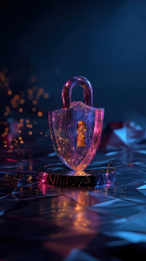 Cybersecurity Shield Lock Floating with Digital Particles Against a ...