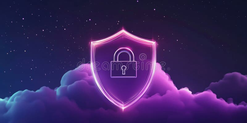 Cybersecurity Shield with Lock Symbol Over Cloud Background, Digital Protection Concept, Secure ...