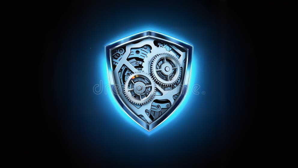 Cybersecurity Shield with Mechanical Gears and Glowing Blue Light ...