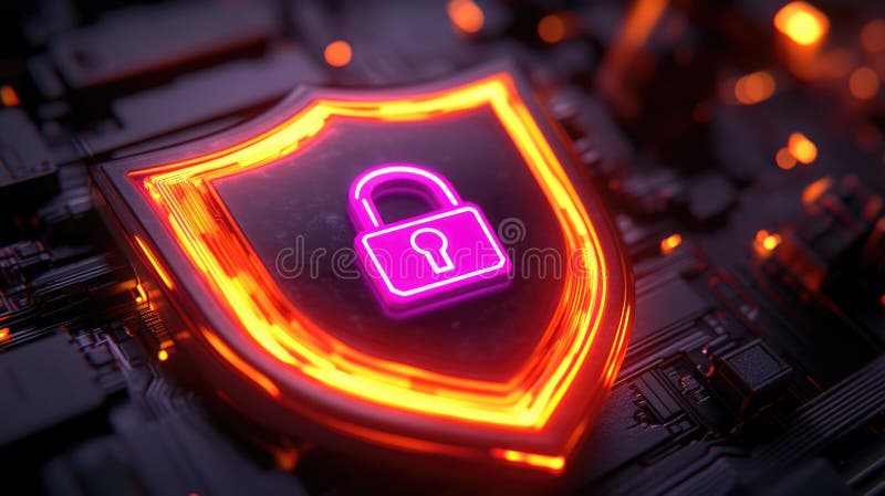 Cybersecurity Shield Neon Lock Symbol Circuit Board Background Stock ...