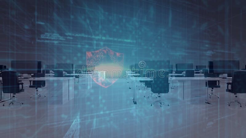 Cybersecurity Shield Overlay on Empty Office Desks in Modern Workspace ...