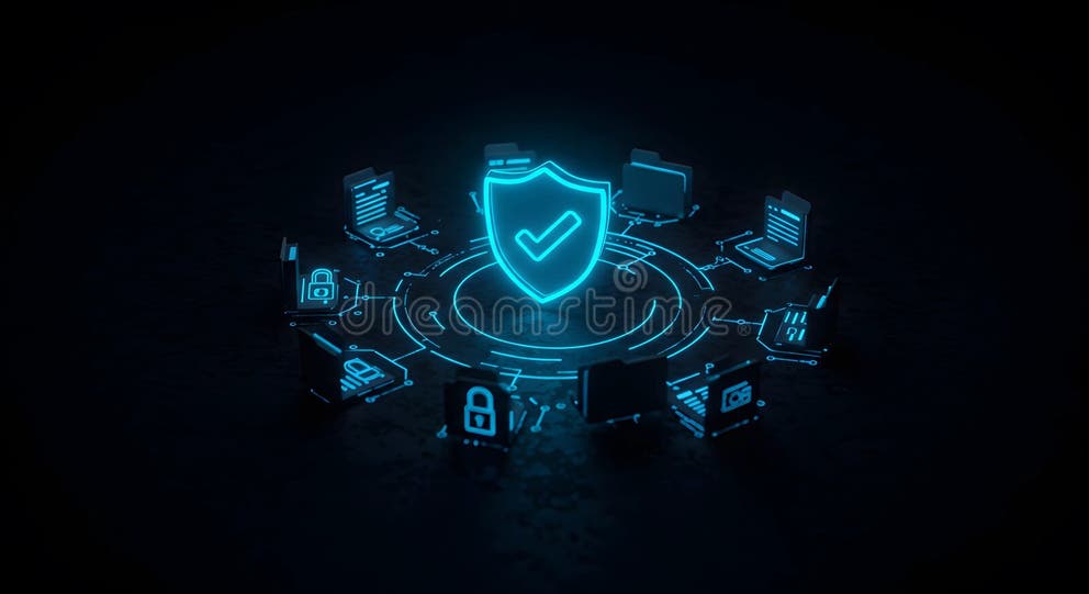 Cybersecurity Shield Protecting Data and Devices with Neon Blue Light ...
