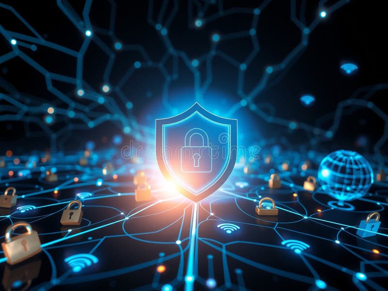 Cybersecurity Shield Surrounded by Wi-Fi and Lock Icons Over Technology ...