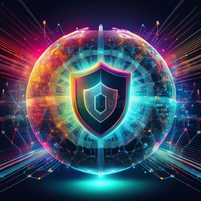 Cybersecurity Shield Surrounding a Globe with Digital Connections ...