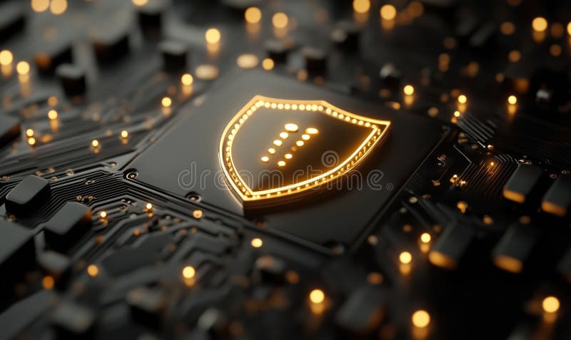 Cybersecurity Shield Symbol on Circuit Board, Glowing Lights, Intricate ...
