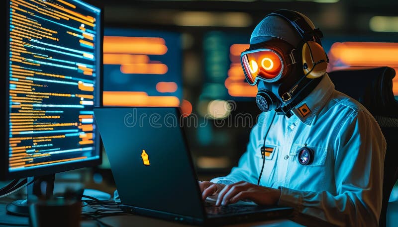 Cybersecurity Specialist in Protective Gear Working on Computer Stock ...