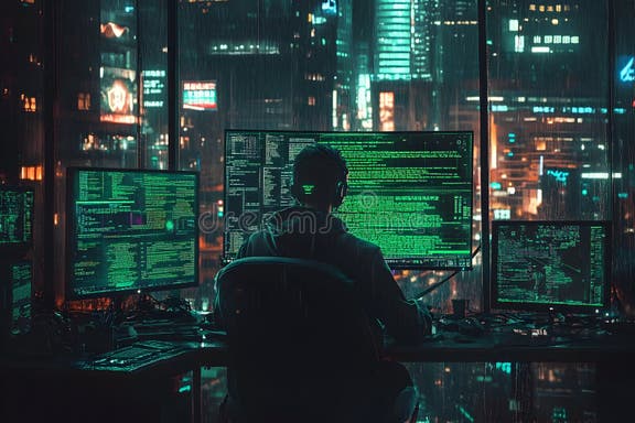 Cybersecurity Specialist Working at Night in Front of Multiple Monitors Displaying Complex Code ...