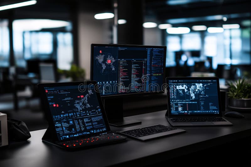 Cybersecurity Station with Multiple Screens Showing Threat Detection ...