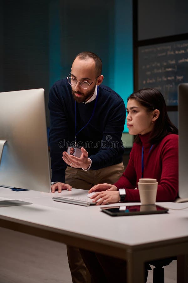 Cybersecurity Team Using Computer in Blue Light Stock Photo - Image of ...