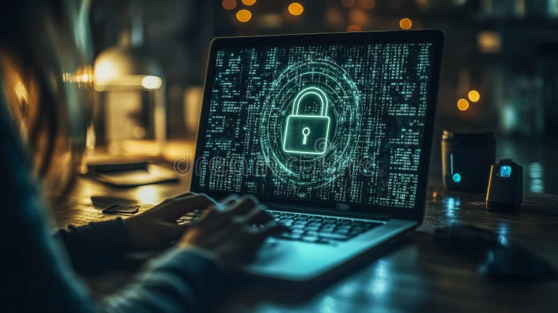 Cybersecurity Technology Concept with Digital Lock on Laptop Screen for ...