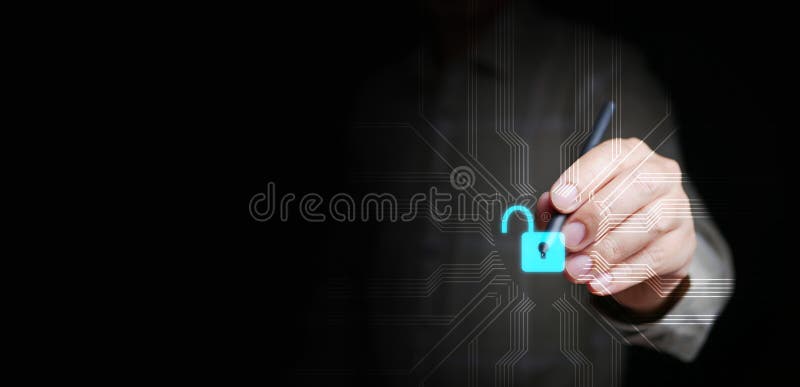 Cybersecurity Technology. a Man Using Virtual Digital Padlock To ...