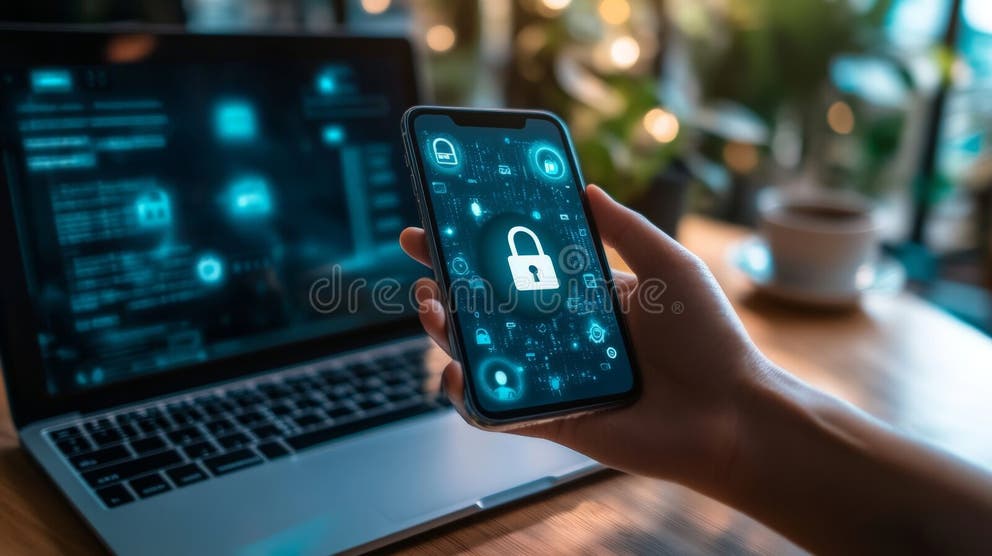 Cybersecurity Technology: Secure Smartphone and Laptop with Lock Icon ...