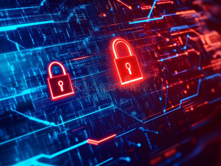 Cybersecurity Theme with Lock Icon, Abstract Matrix Code Overlay, Neon ...