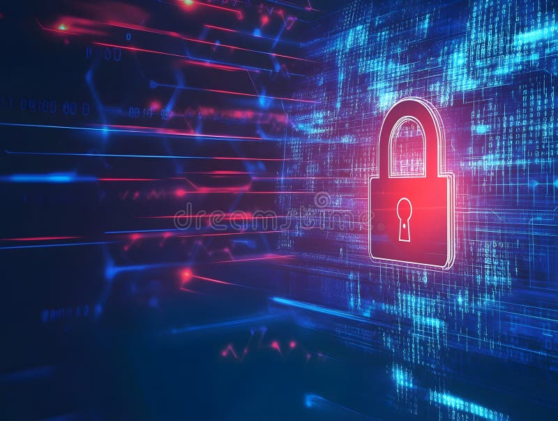 Cybersecurity Theme with Lock Icon, Abstract Matrix Code Overlay, Neon Red and Blue Scheme Stock ...