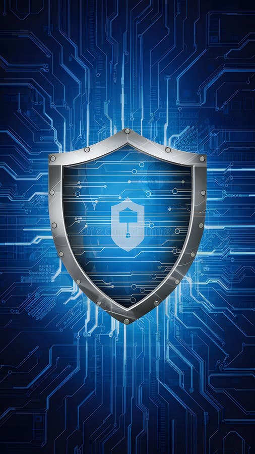 Cybersecurity Theme Metallic Shield Against Blue Backdrop with Abstract ...