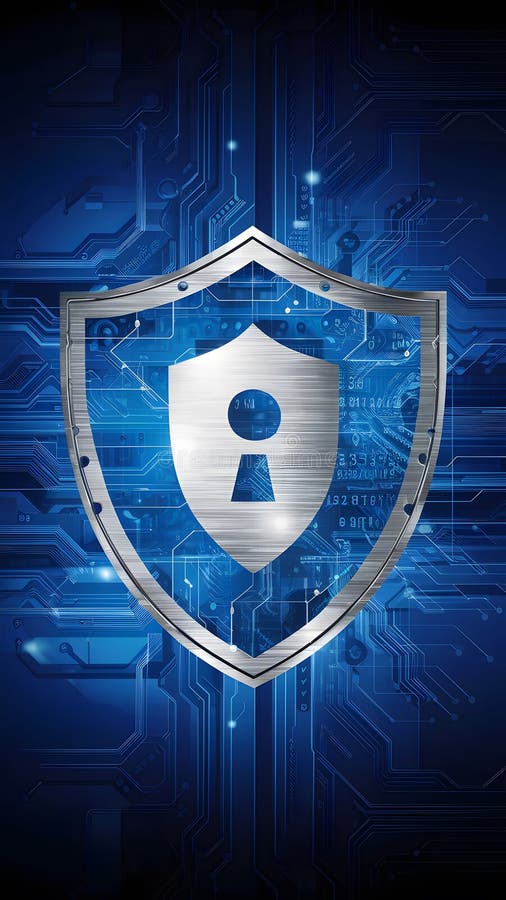 Cybersecurity Theme Metallic Shield Against Blue Backdrop with Abstract ...