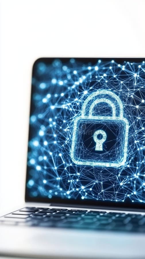 Cybersecurity Themed Laptop Displaying a Glowing Lock Made of Blue ...