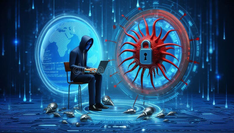 Cybersecurity Threat with Computer and Virus Illustration Stock ...