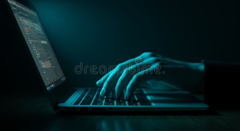 Cybersecurity Threat: Hacker Hands Typing on Laptop in Dark Stock Photo ...