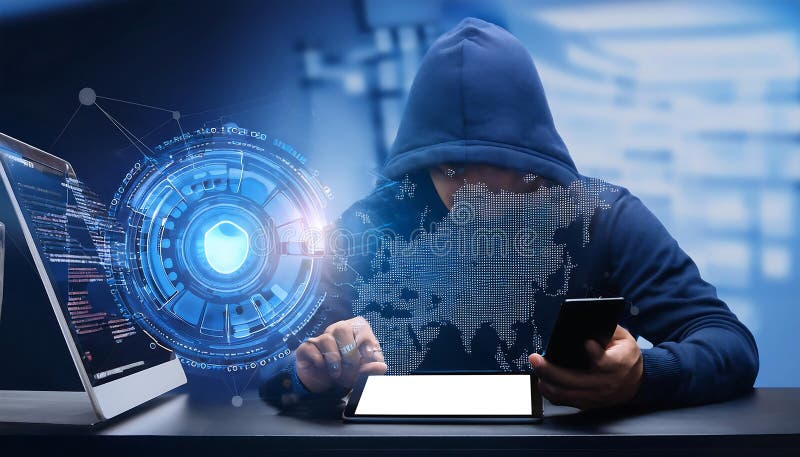 Cybersecurity Threat Hacker in a Hoodie Attempts To Breach Digital ...