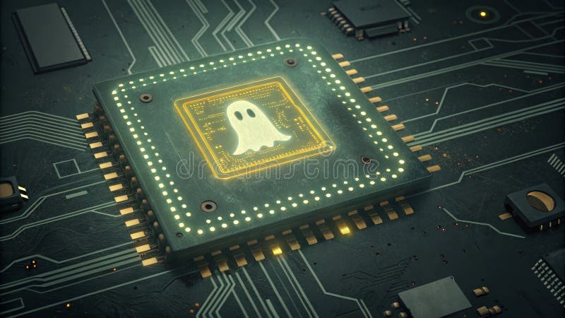 Cybersecurity Threat: Illuminated Ghost Symbol on a Computer Chip ...