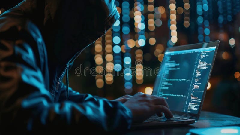 Cybersecurity Threat, Person Behind Laptop, Virtual Data Interface ...