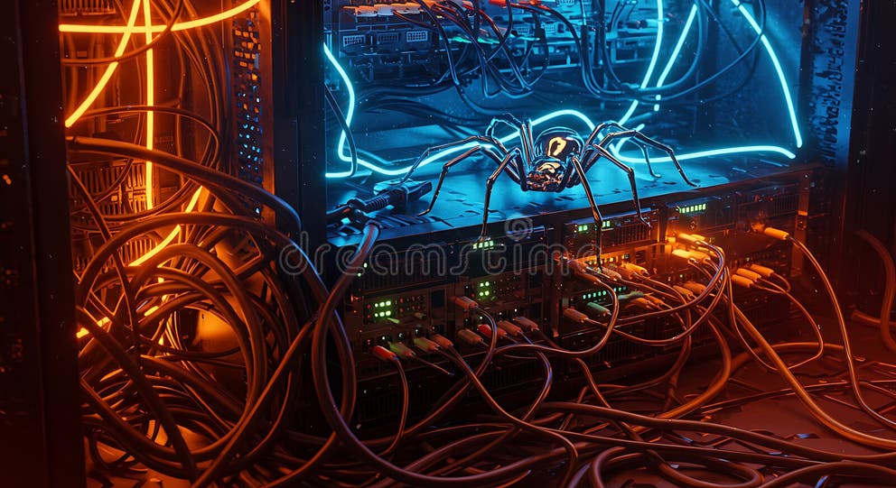 Cybersecurity Threat: Spider on Network Server Stock Illustration ...