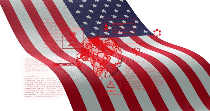 Cybersecurity Threats Animation Over American Flag with Malware and ...