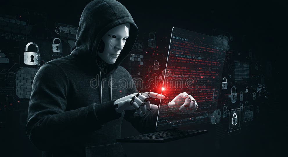 Cybersecurity Threats: Robot Hacker Manipulating Data on a Laptop in a ...