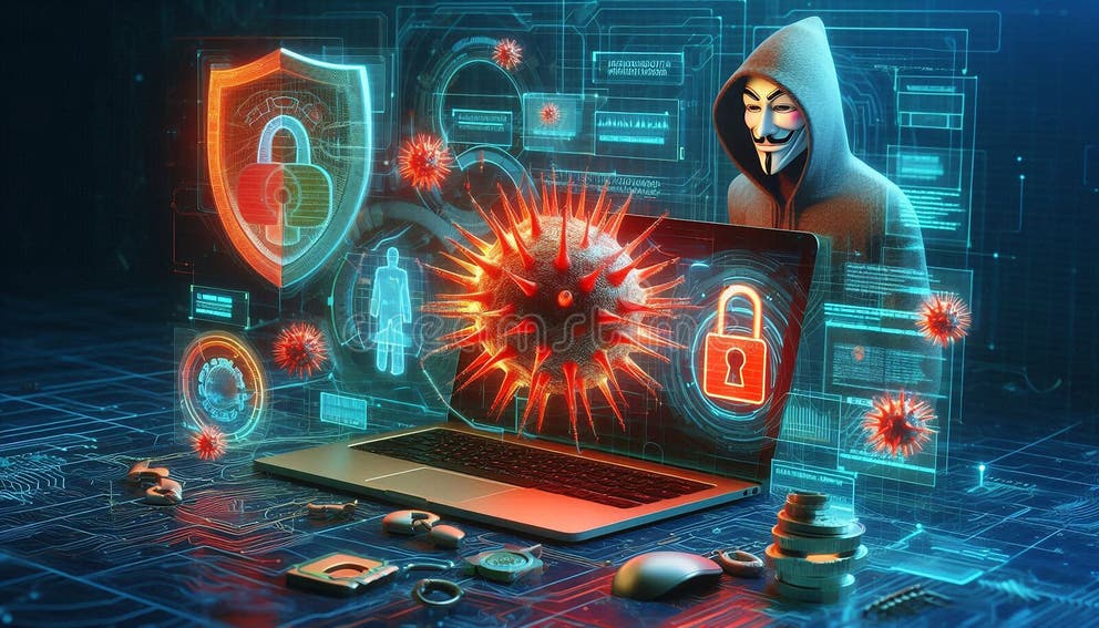Cybersecurity Threats with Virus and Malware Visuals Stock Illustration ...