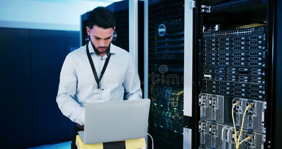 Cybersecurity, Upgrade and Man with Laptop, Coding or Check Server Performance and Network ...