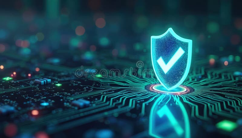 Cybersecurity Verification Concept with Shield, Checkmark Neon Blue Green Hues. Digital ...