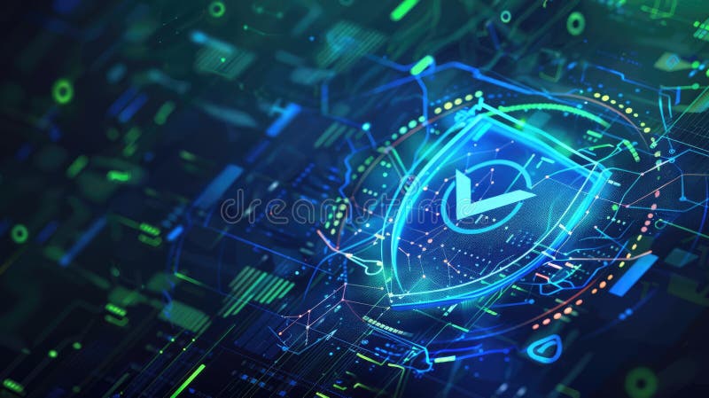 Cybersecurity Verification Icon with Shield and Checkmark, Neon Blue ...