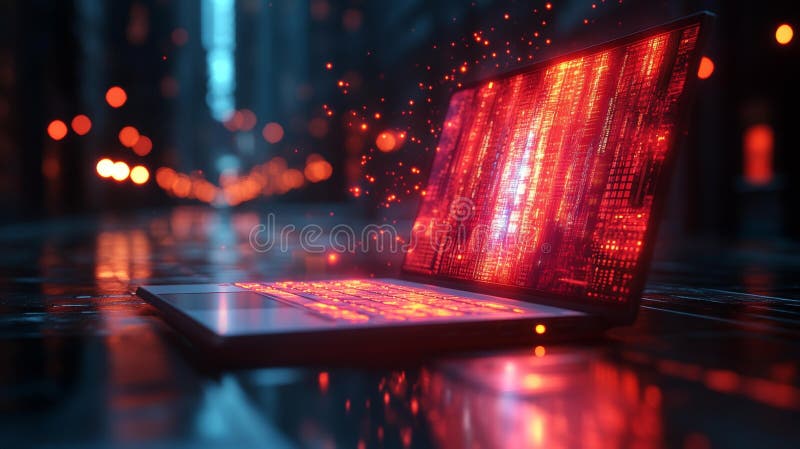 Cybersecurity Visual of Laptop with Glowing Red Data Generative AI ...