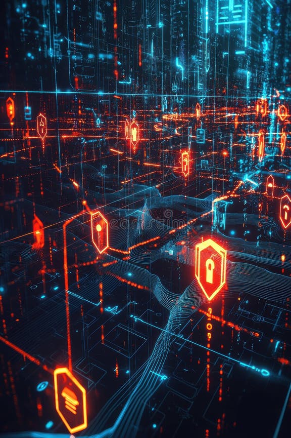 Cybersecurity Visualization: Encrypted Data in a Digital Landscape with Glowing Shields Stock ...