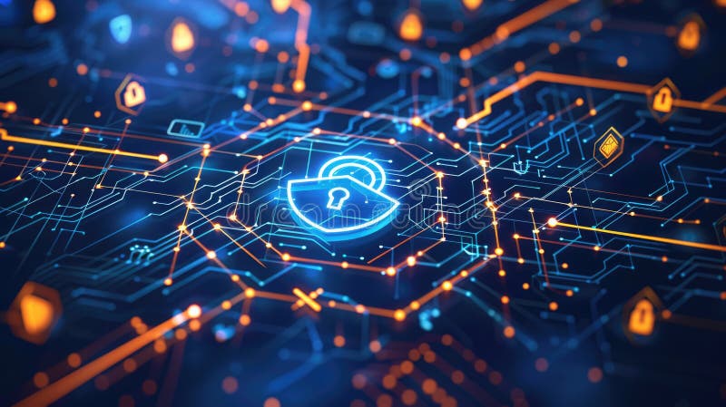 Cybersecurity Visualized with Padlock, Shield, and Interconnected ...