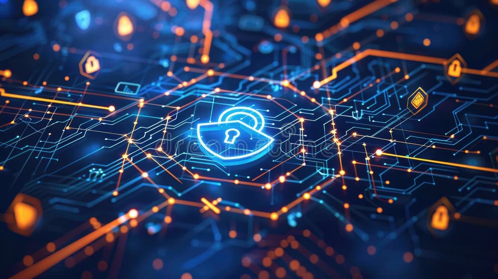 Cybersecurity Visualized with Padlock, Shield, and Interconnected ...