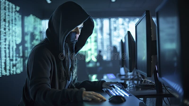 Cybersecurity Vulnerability And Hackercodingmalware Concept Hooded Computer Hacker In