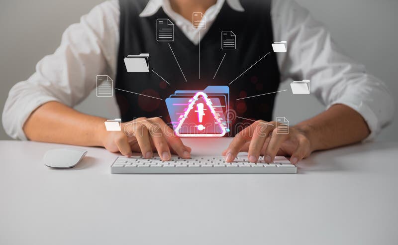 Cybersecurity Warning Alert on Document Management. Person Typing on a ...