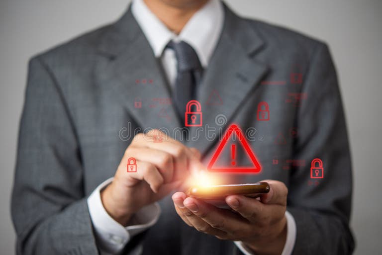 Cybersecurity Warning Concept with a Businessman Using a Smartphone ...
