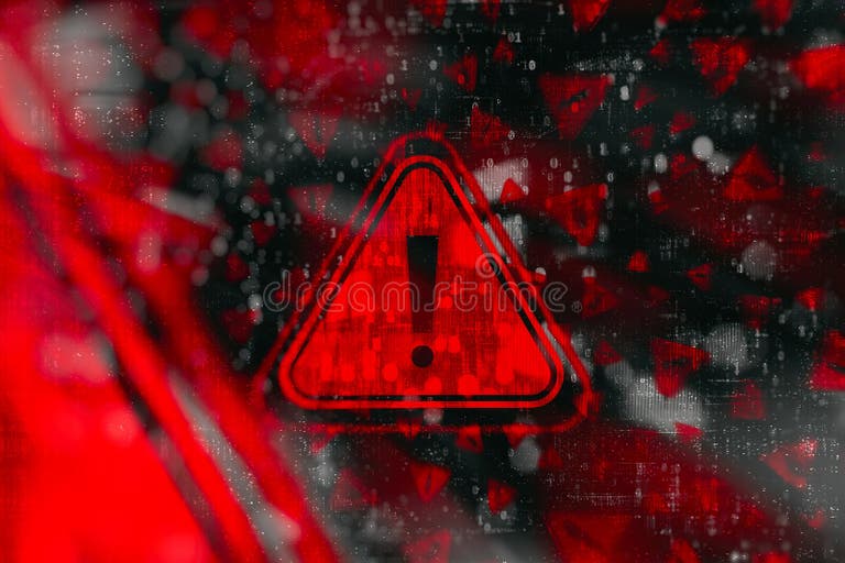 Cybersecurity Warning with Red Warning Symbol with Digital Glitch and ...