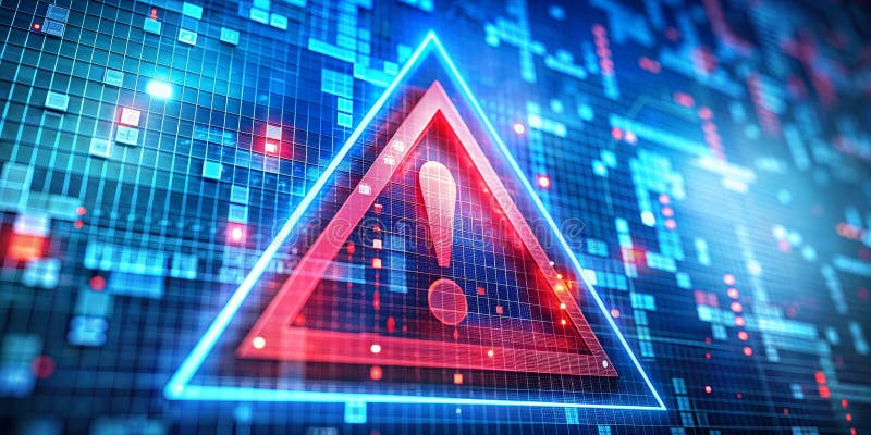Cybersecurity Warning Red Triangle on Blue Grid, Digital Security, Data ...