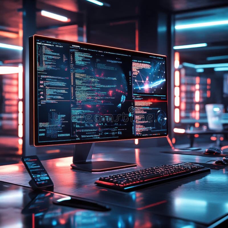 Cybersecurity Workstation with Code and Network Monitoring Stock ...