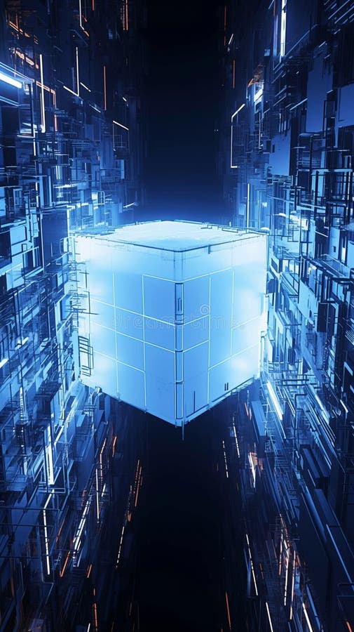 Cyberspace Backdrop Features Technology Cube in Detailed 3D Rendering ...