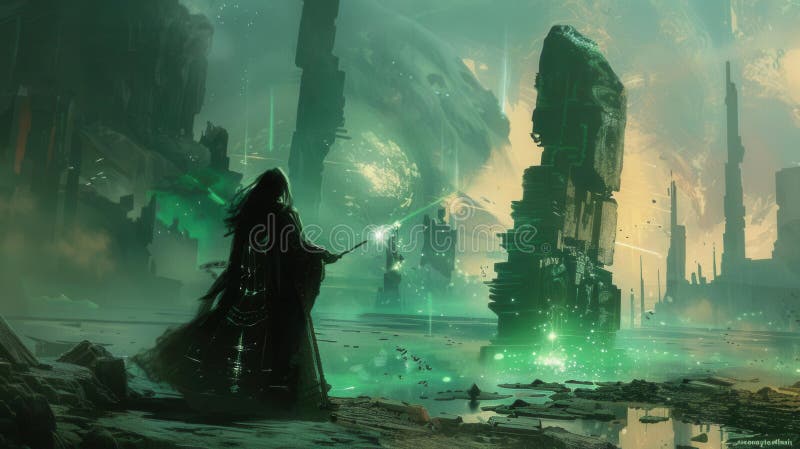 A Cyberwitch Casting Spells in a Ruined Futuristic Landscape Stock ...