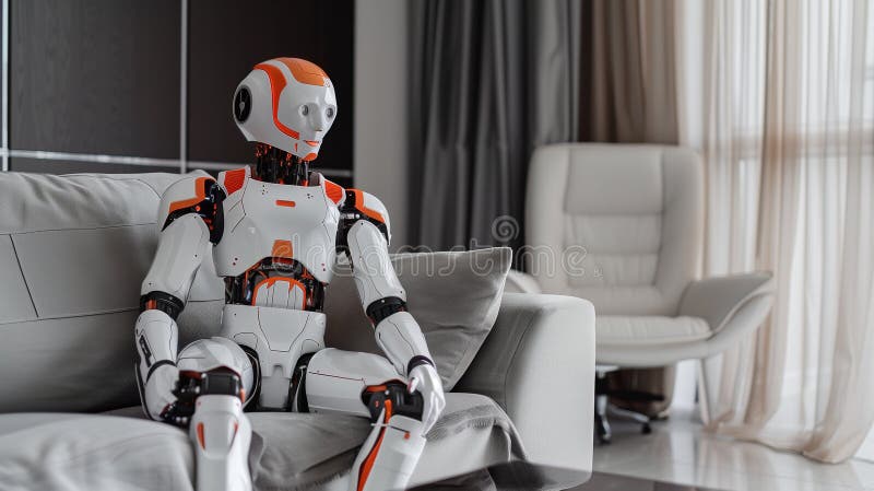 A Cyborg AI Robot Sits on a Sofa in a Modern, Minimalist Living Room ...