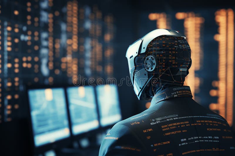 Cyborg Android Robot Working with Laptop Control Panel System Network Data. Chat GPT Artificial ...