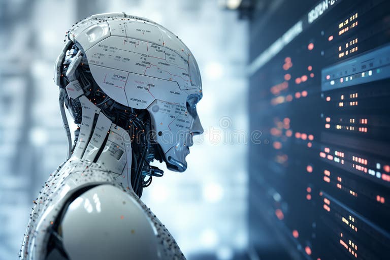 Cyborg Android Robot Working With Laptop Control Panel System Network Data Chat Gpt Artificial